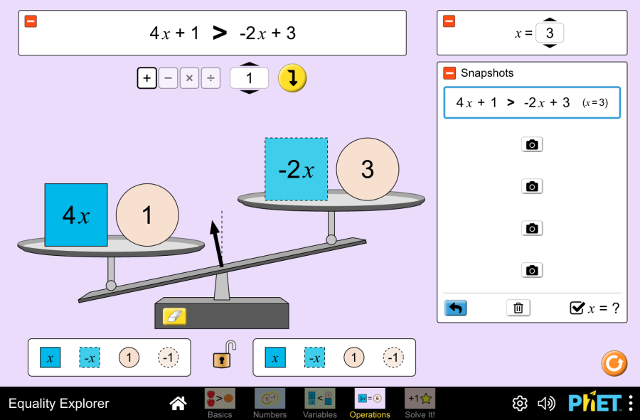 Průzkumník rovnosti - Solving Equations, Inequalities, Inverse Operations - PhET